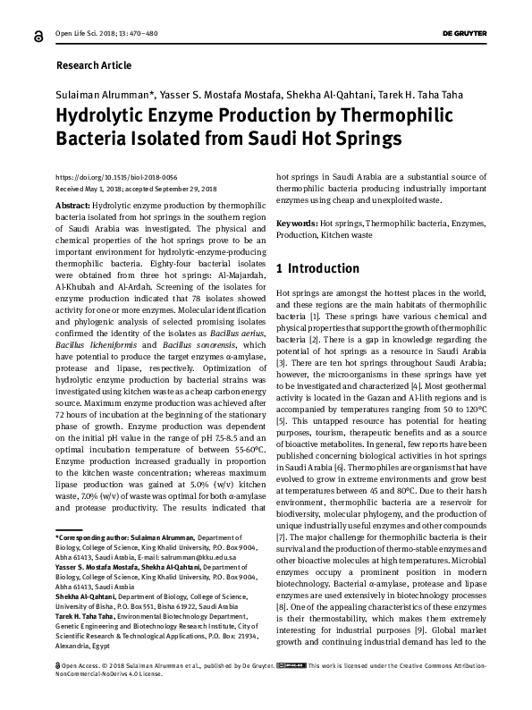 (PDF) Hydrolytic Enzyme Production by Thermophilic Bacteria Isolated from Saudi Hot Springs