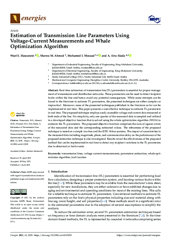 (PDF) Estimation of Transmission Line Parameters Using Voltage-Current Measurements and Whale ...