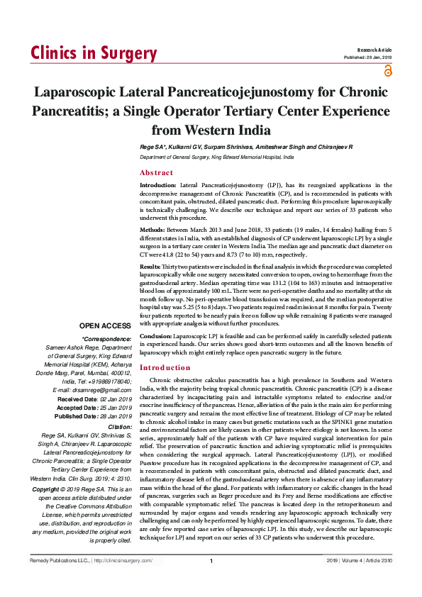 (PDF) Laparoscopic Lateral Pancreaticojejunostomy for Chronic Pancreatitis; a Single Operator ...