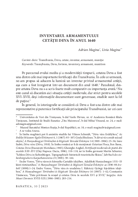 (PDF) Inventarul armamentului cetatii Deva in anul 1640 (Weapons ...
