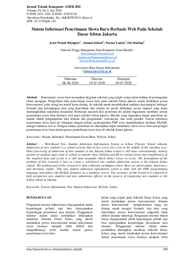 (PDF) Sistem Informasi Penerimaan Siswa Baru Berbasis Web Pada Sekolah Dasar Ichtus Jakarta