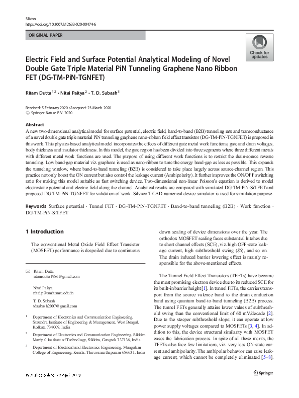 (PDF) Electric Field and Surface Potential Analytical Modeling of Novel Double Gate Triple ...