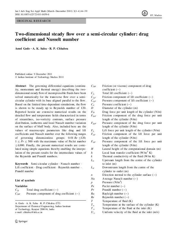 (PDF) Two-dimensional steady flow over a semi-circular cylinder: drag coefficient and Nusselt number