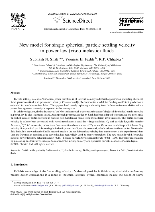 (PDF) New model for single spherical particle settling velocity in power law (visco-inelastic ...
