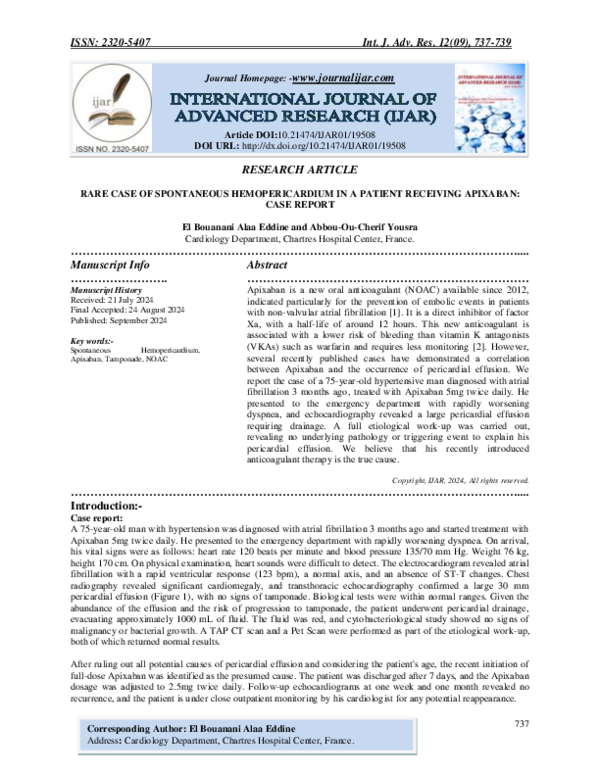 (PDF) RARE CASE OF SPONTANEOUS HEMOPERICARDIUM IN A PATIENT RECEIVING ...