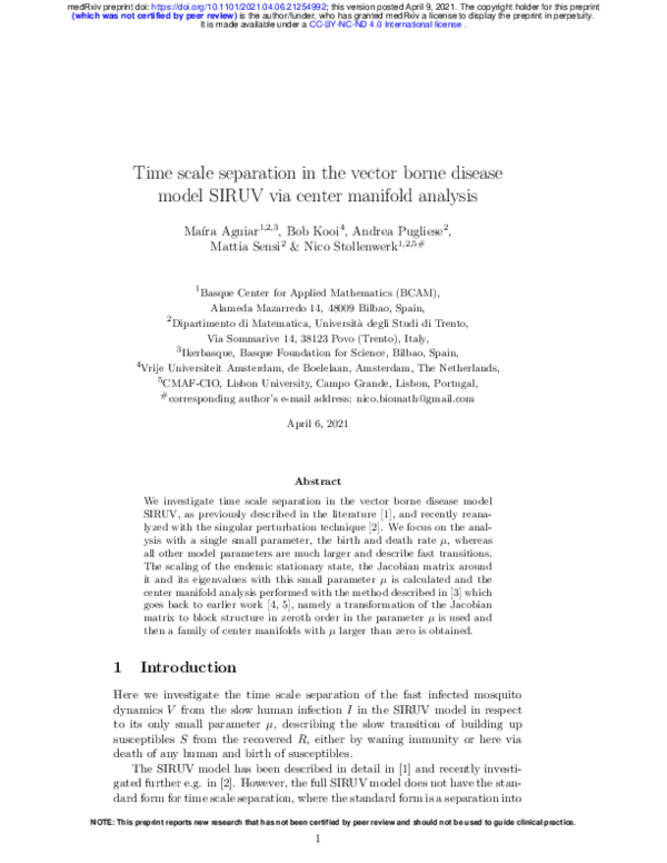 (PDF) Time scale separation in the vector borne disease model SIRUV via center manifold analysis