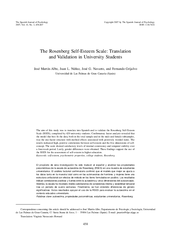 (PDF) The Rosenberg Self-Esteem Scale: Translation and Validation in ...
