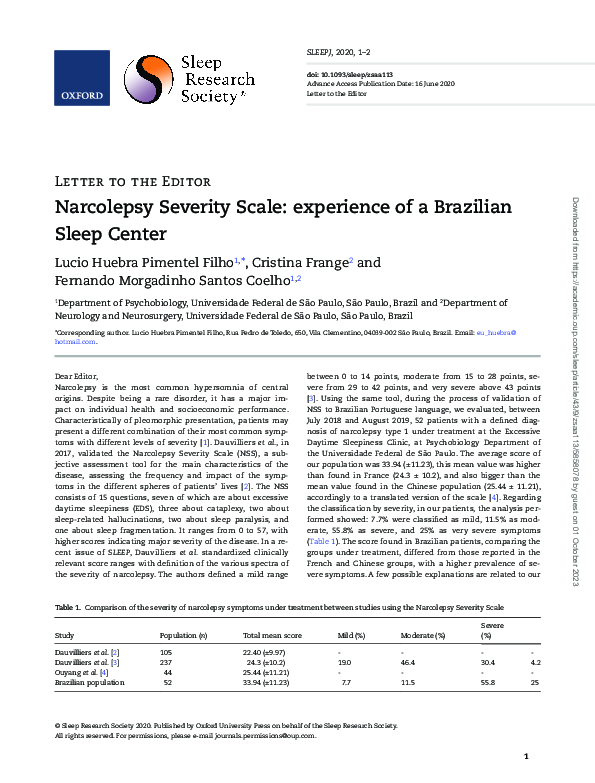 (PDF) Narcolepsy Severity Scale: experience of a Brazilian Sleep Center ...