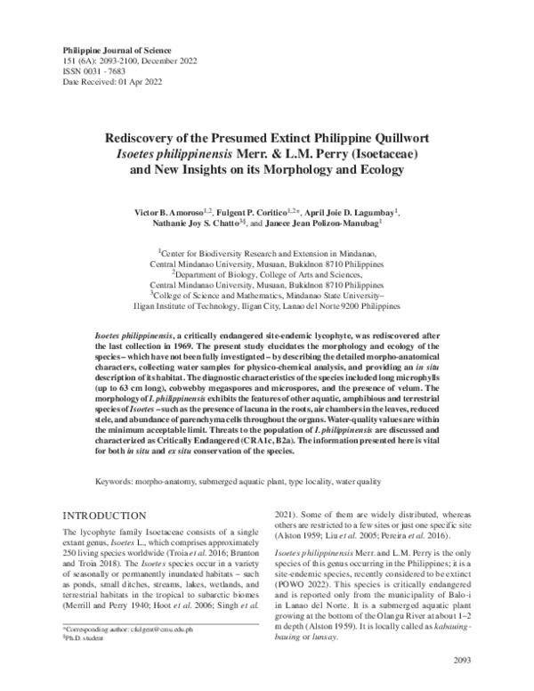 (PDF) Rediscovery of the Presumed Extinct Philippine Quillwort Isoetes ...