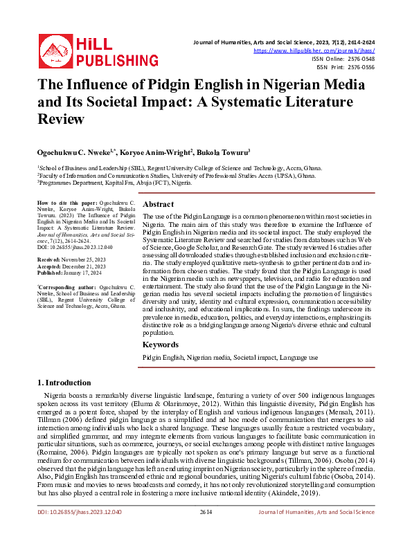 (PDF) The Influence of Pidgin English in Nigerian Media and Its Societal Impact: A Systematic ...