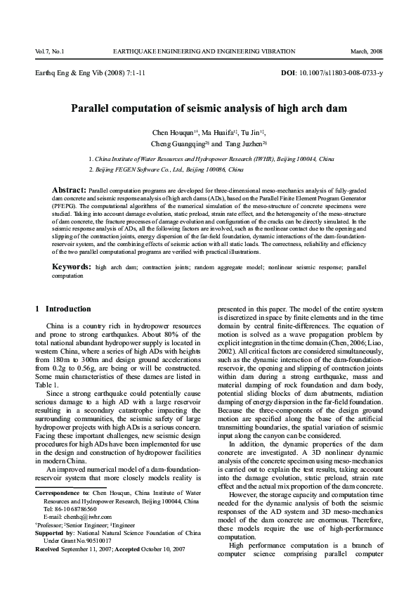 (PDF) Parallel computation of seismic analysis of high arch dam