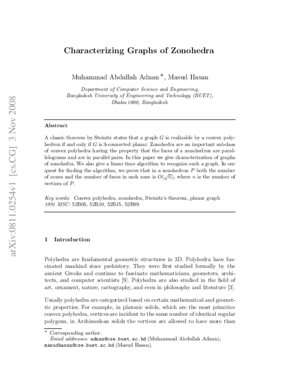 (PDF) Characterizing Graphs of Zonohedra