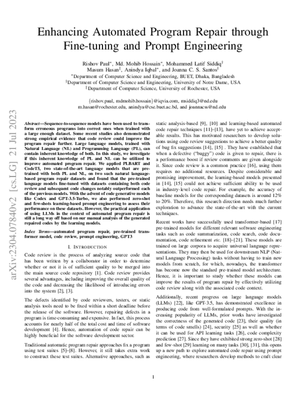 (PDF) Enhancing Automated Program Repair through Fine-tuning and Prompt Engineering