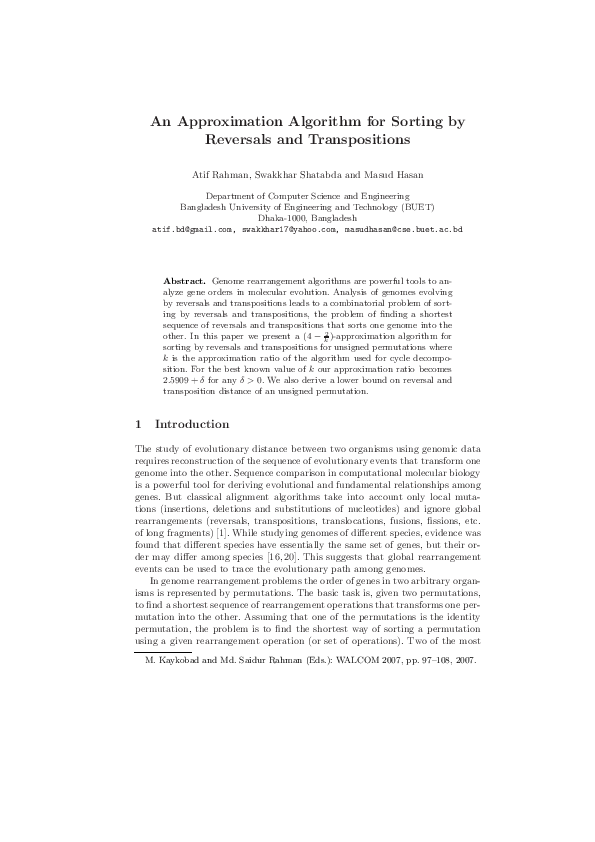 (PDF) An approximation algorithm for sorting by reversals and transpositions