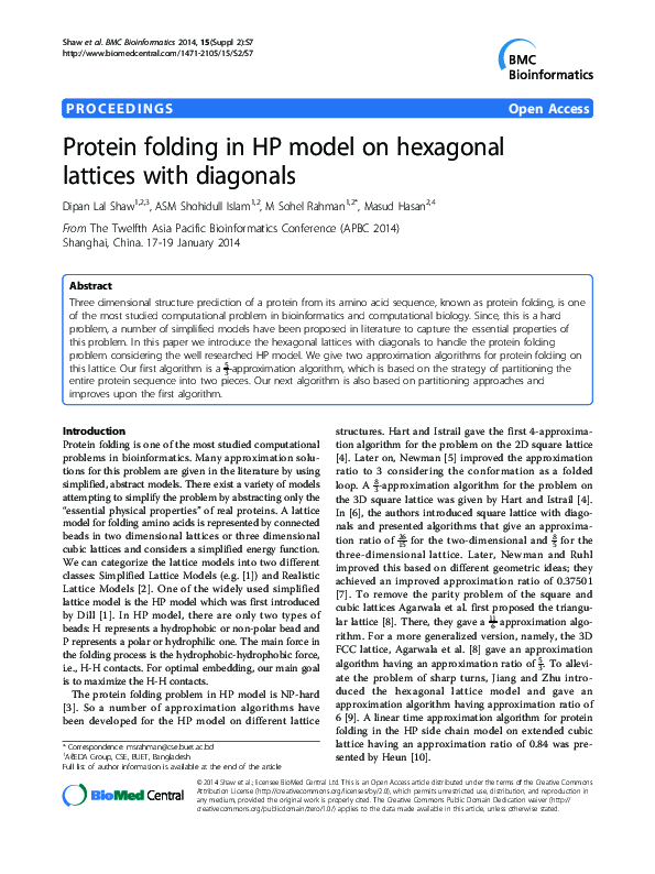 (PDF) Protein folding in HP model on hexagonal lattices with diagonals ...