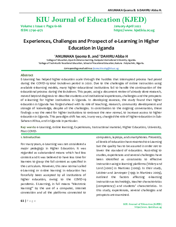 (PDF) Experiences, Challenges and Prospect of e-Learning in Higher ...