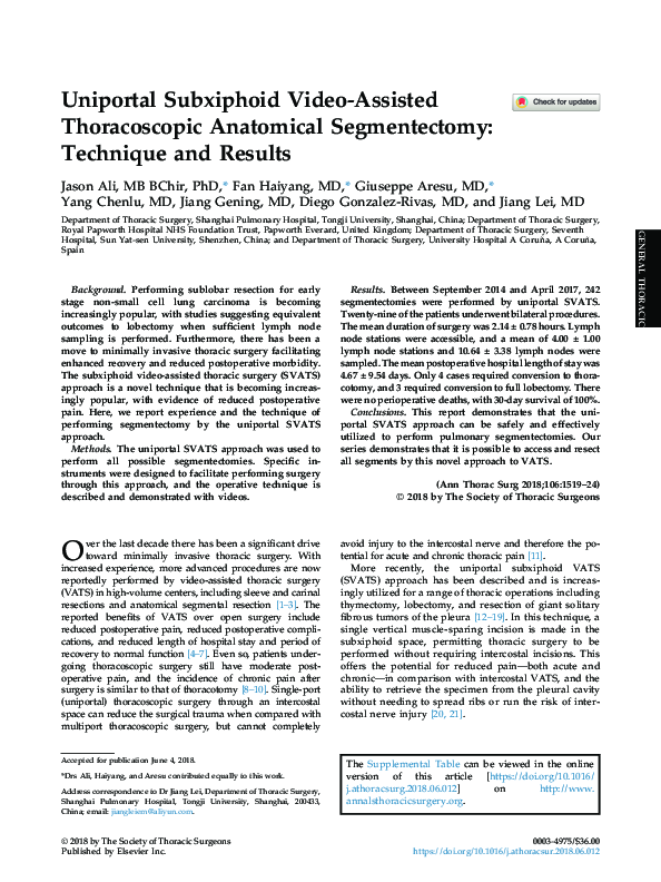 (PDF) Uniportal Subxiphoid Video-Assisted Thoracoscopic Anatomical Segmentectomy: Technique and ...
