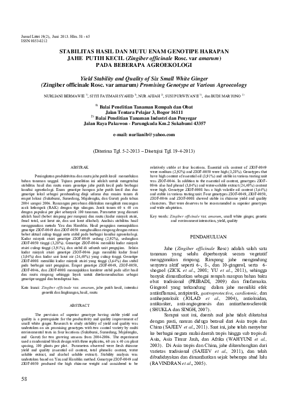 (PDF) STABILITAS HASIL DAN MUTU ENAM GENOTIPE HARAPAN JAHE PUTIH KECIL ...