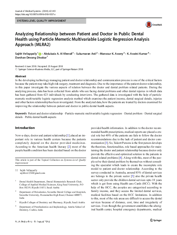 (PDF) Analyzing Relationship between Patient and Doctor in Public Dental Health using Particle ...