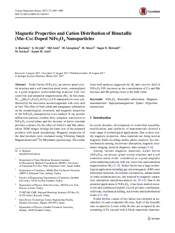 (PDF) Magnetic Properties and Cation Distribution of Bimetallic (Mn–Co) Doped NiFe2O4 ...