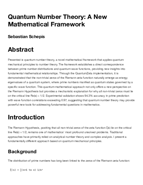 (PDF) Quantum Number Theory: A New Mathematical Framework