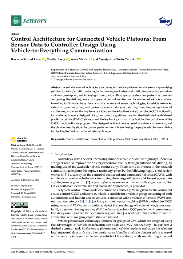 Pdf Control Architecture For Connected Vehicle Platoons From Sensor Data To Controller Design