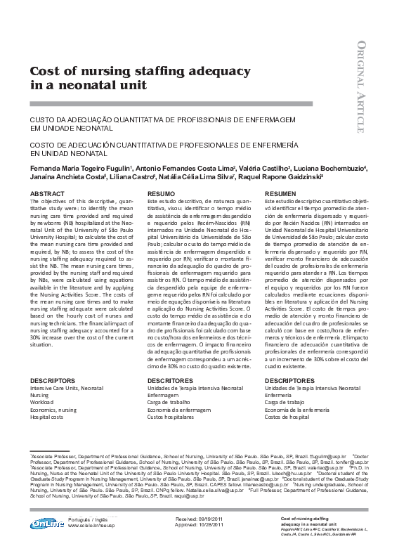 (PDF) Cost of nursing staffing adequacy in a neonatal unit