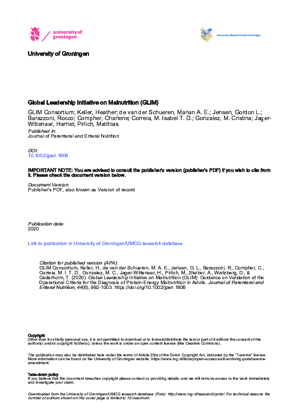 (PDF) Global Leadership Initiative on Malnutrition (GLIM): Guidance on ...