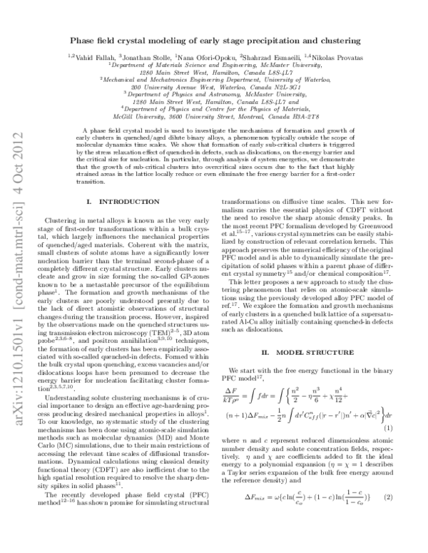(PDF) Phase field crystal modeling of early stage precipitation and clustering
