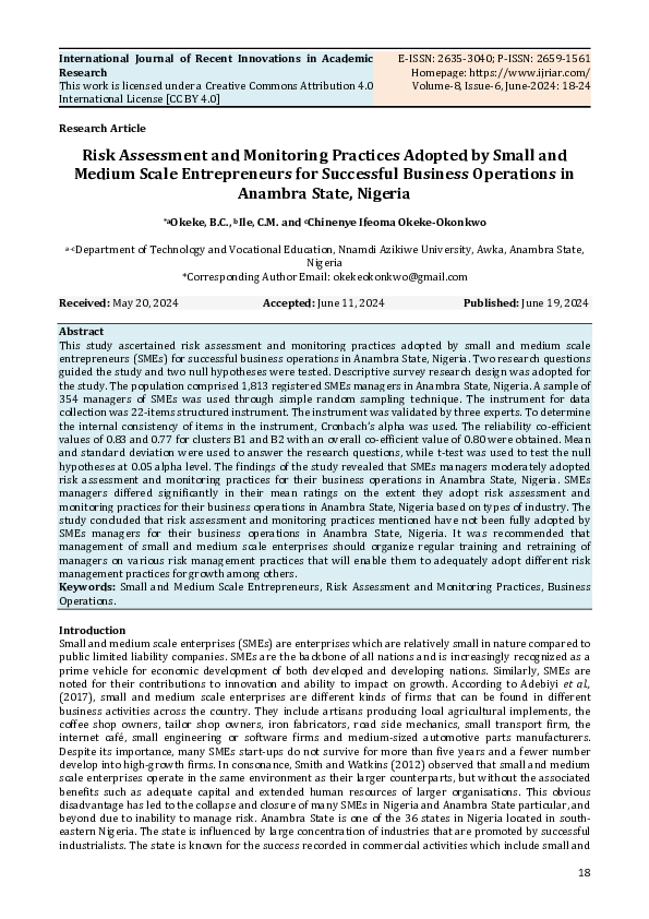 (PDF) Risk Assessment and Monitoring Practices Adopted by Small and ...
