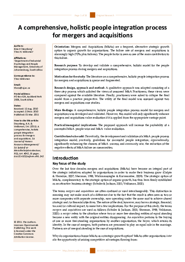 (PDF) A comprehensive, holistic people integration process for mergers ...