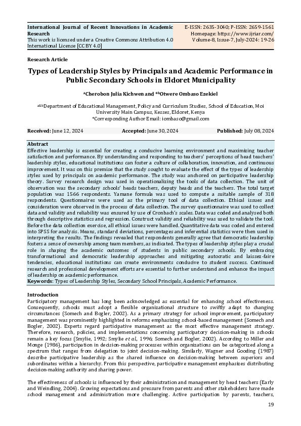 (PDF) Types of Leadership Styles by Principals and Academic Performance ...