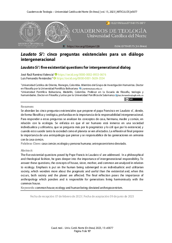 (PDF) Laudato Si’: cinco preguntas existenciales para un diálogo intergeneracional