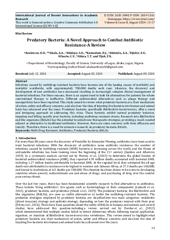 (PDF) Predatory Bacteria: A Novel Approach to Combat Antibiotic Resistance-A Review