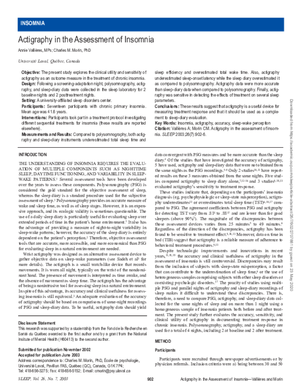 (PDF) Actigraphy in the Assessment of Insomnia