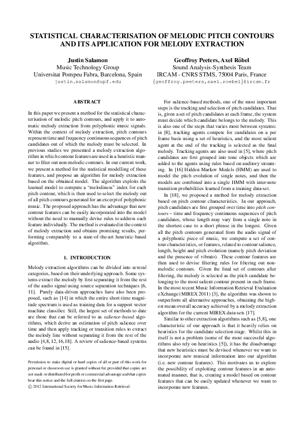 (PDF) Statistical Characterisation Of Melodic Pitch Contours And Its Application For Melody ...