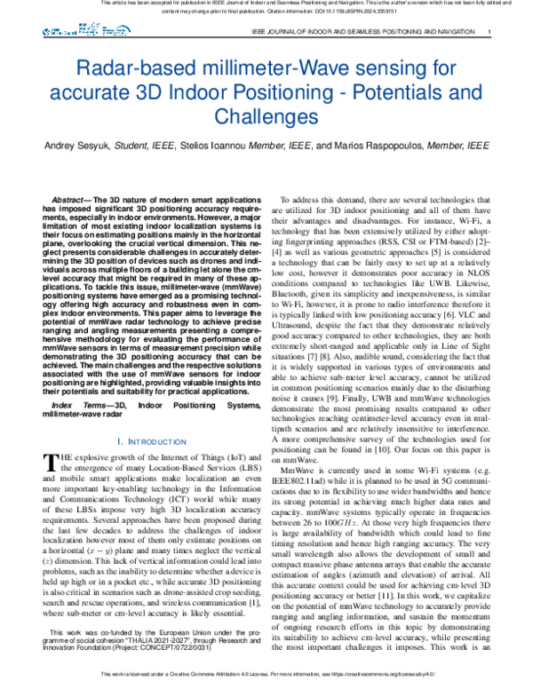 (PDF) Radar-based millimeter-Wave sensing for accurate 3D Indoor Positioning - Potentials and ...