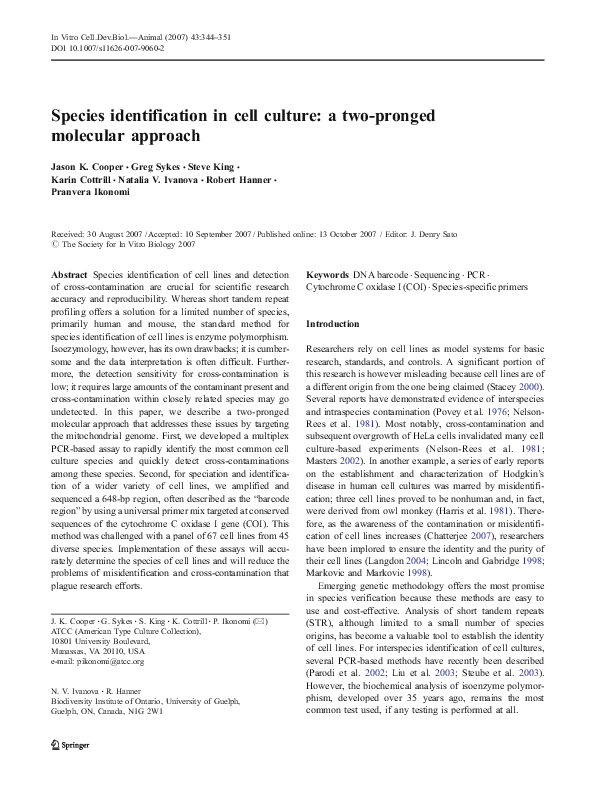 (PDF) Species identification in cell culture: a two-pronged molecular ...