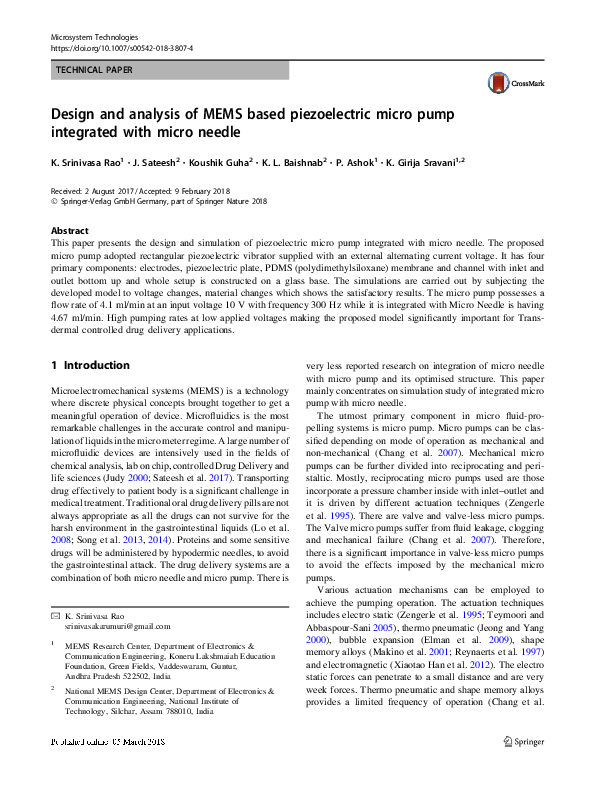 (PDF) Design and analysis of MEMS based piezoelectric micro pump ...