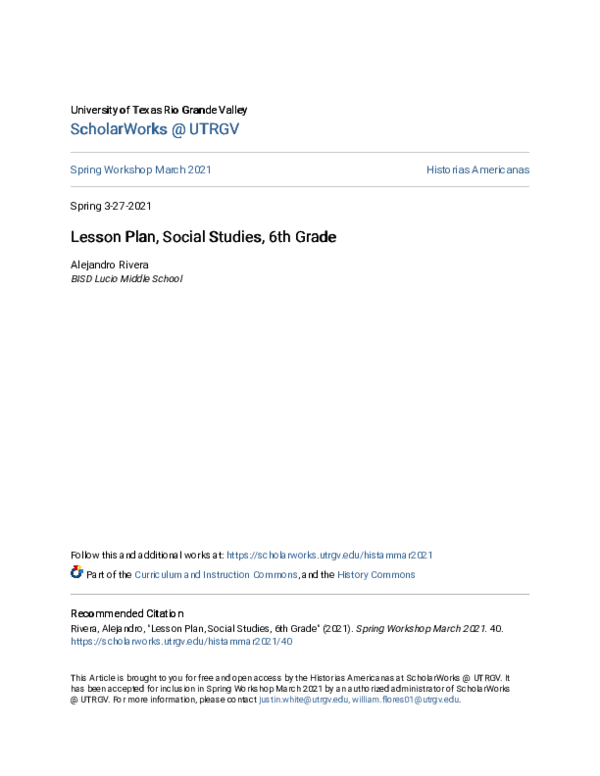 (PDF) Lesson Plan, Social Studies, 6th Grade