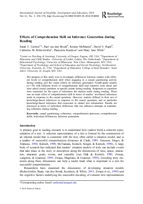 (PDF) Effects of Comprehension Skill on Inference Generation during Reading