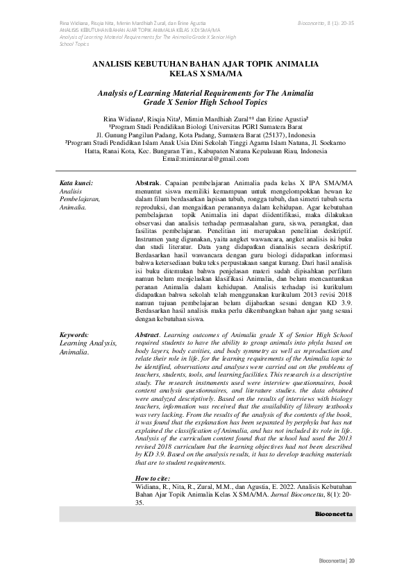 (PDF) Analisis Kebutuhan Bahan Ajar Topik Animalia Kelas X Sma/Ma