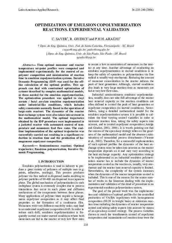 (PDF) Optimization of emulsion copolymerization reactions: Experimental validation