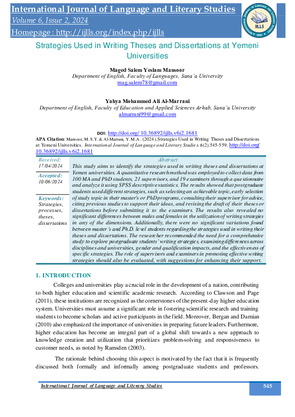 (PDF) Strategies Used in Writing Theses and Dissertations at Yemeni ...