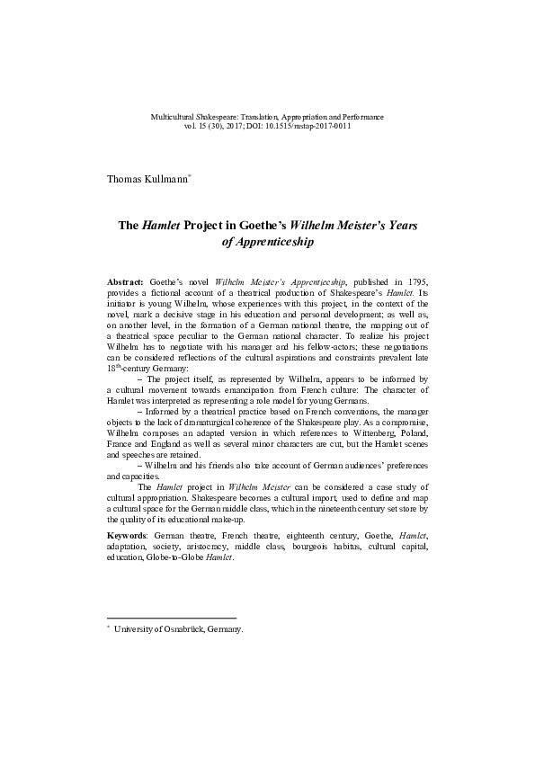 (PDF) The Hamlet Project in Goethe’s Wilhelm Meister’s Years of ...