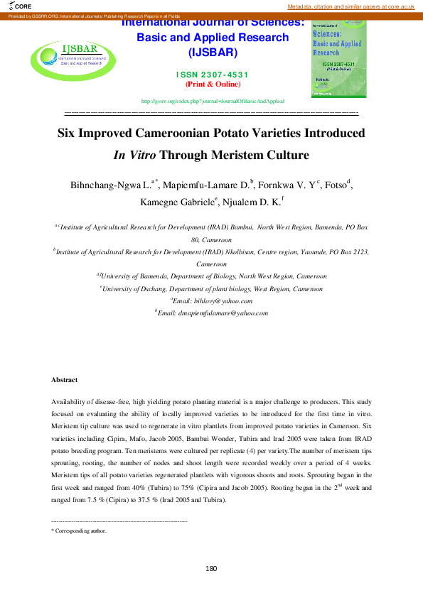 (PDF) Six Improved Cameroonian Potato Varieties Introduced In Vitro ...