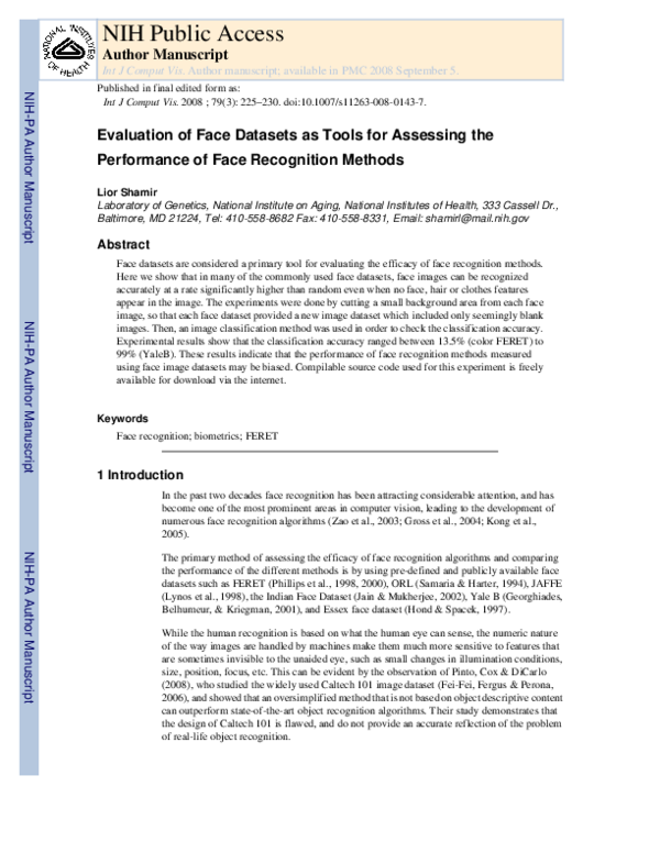 (PDF) Evaluation of Face Datasets as Tools for Assessing the Performance of Face Recognition Methods