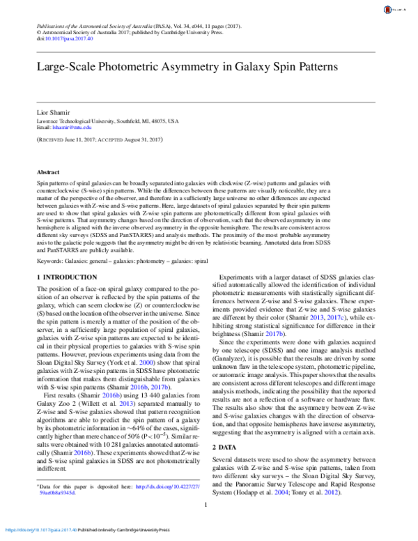 (PDF) Large-Scale Photometric Asymmetry in Galaxy Spin Patterns