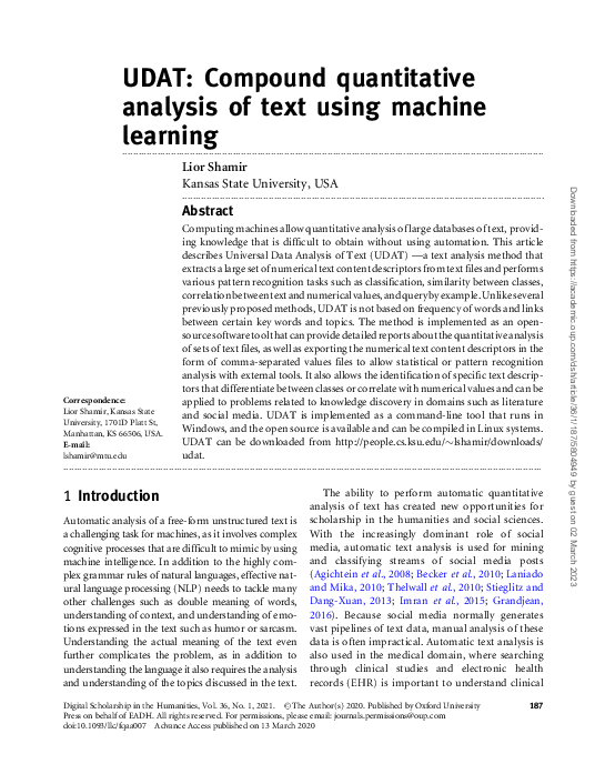 (PDF) UDAT: Compound quantitative analysis of text using machine learning
