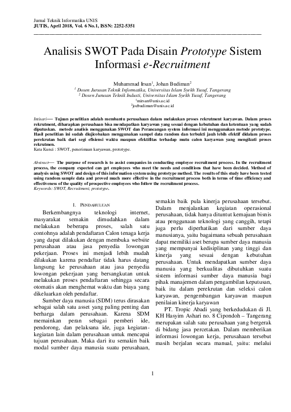 (PDF) Analisis SWOT Pada Disain Prototype Sistem Informasi e-Recruitment